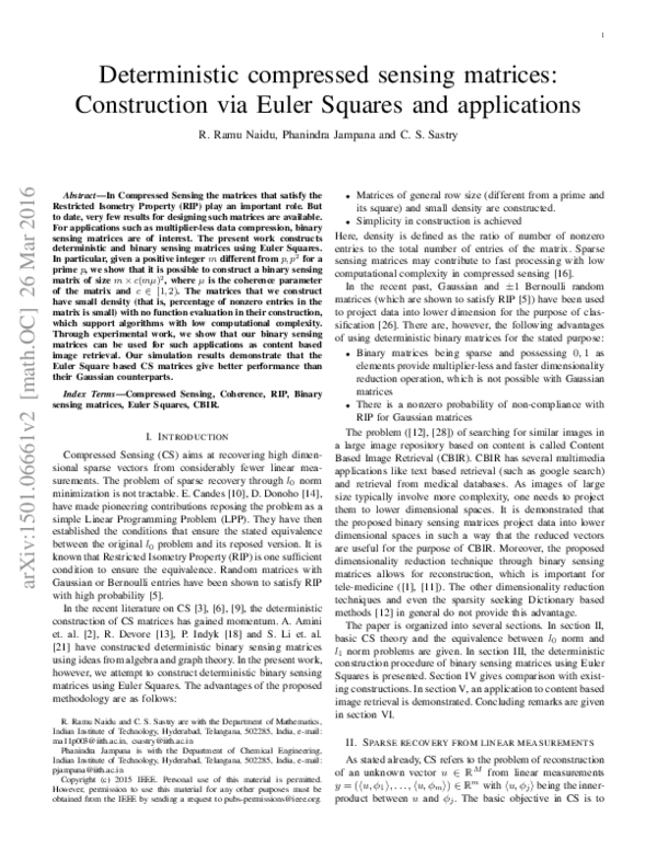 Pdf Deterministic Compressed Sensing Matrices Construction Via Euler Squares And Applications