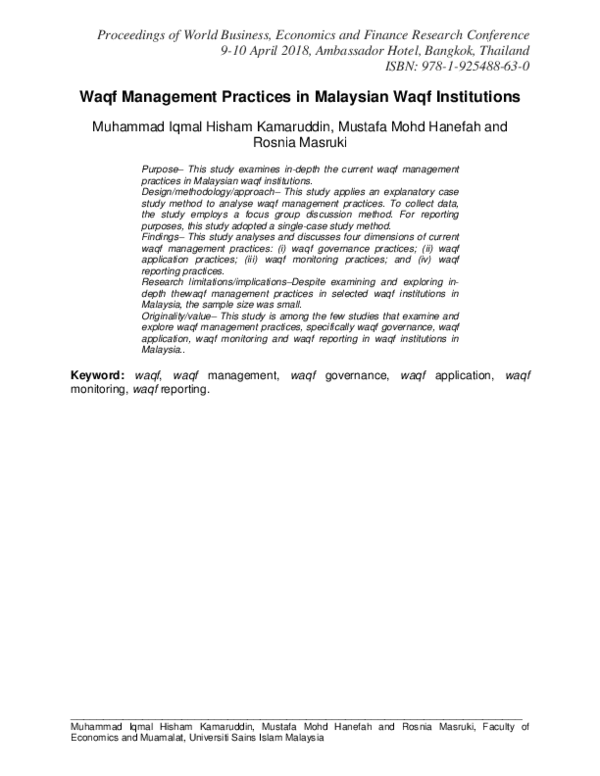 (PDF) Waqf Management Practices in Malaysian Waqf Institutions