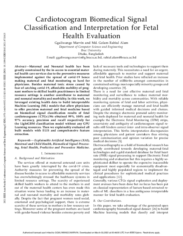 (PDF) Cardiotocogram Biomedical Signal Classification and ...