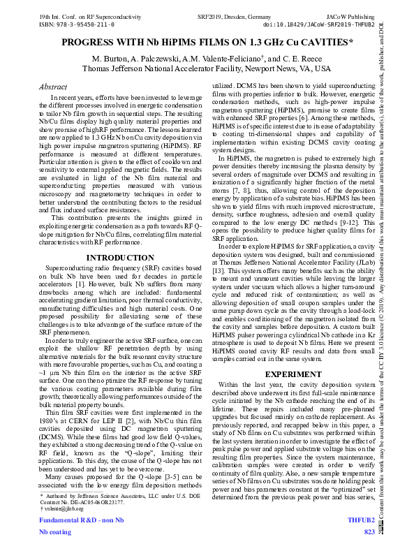 (PDF) Progress with Nb Hipims Films on 1.3 GHz Cu Cavities