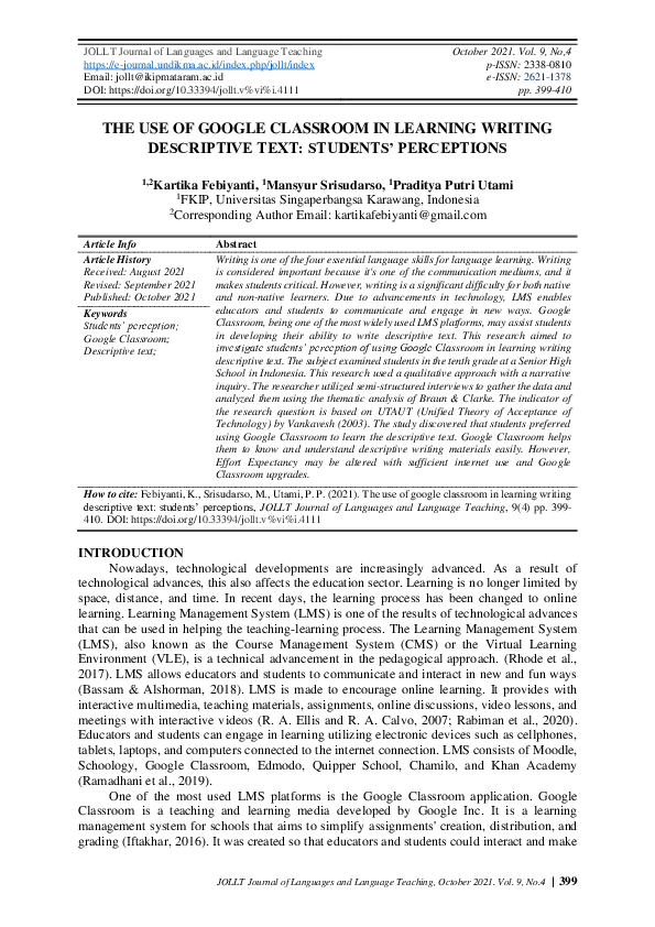 (PDF) The Use of Google Classroom in Learning Writing Descriptive Text ...