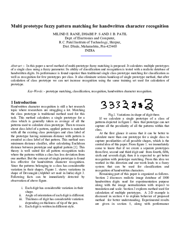 Pdf Multi Prototype Fuzzy Pattern Matching For Handwritten Character