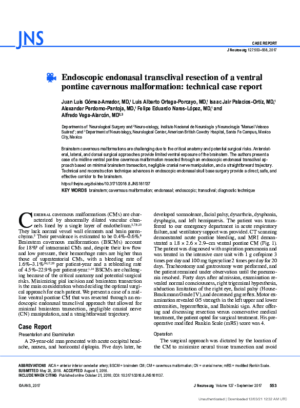 (PDF) Endoscopic endonasal transclival resection of a ventral pontine ...