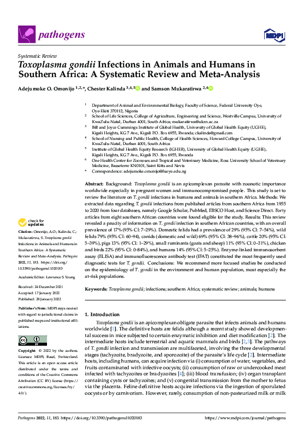 (PDF) Toxoplasma gondii Infections in Animals and Humans in Southern ...