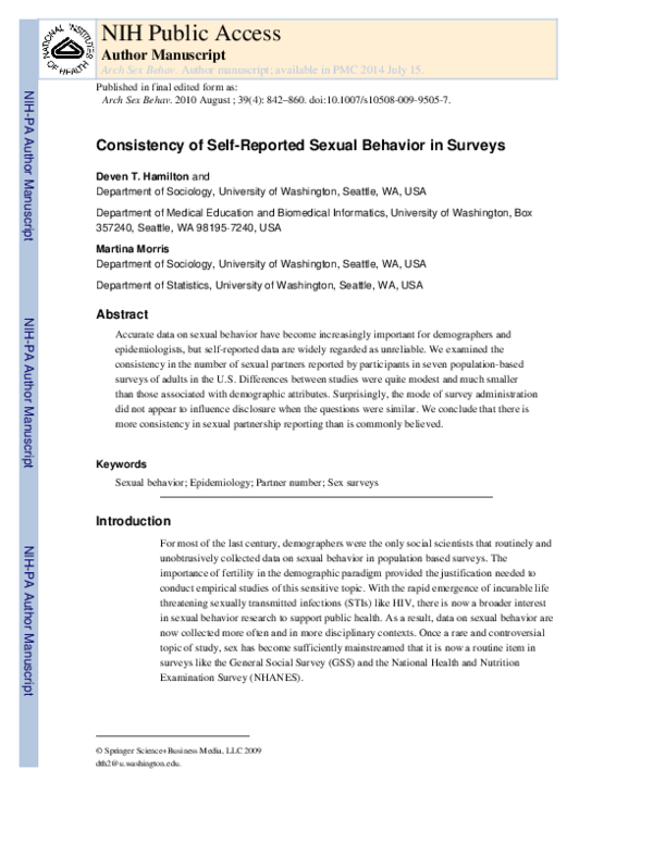 Pdf Consistency Of Self Reported Sexual Behavior In Surveys