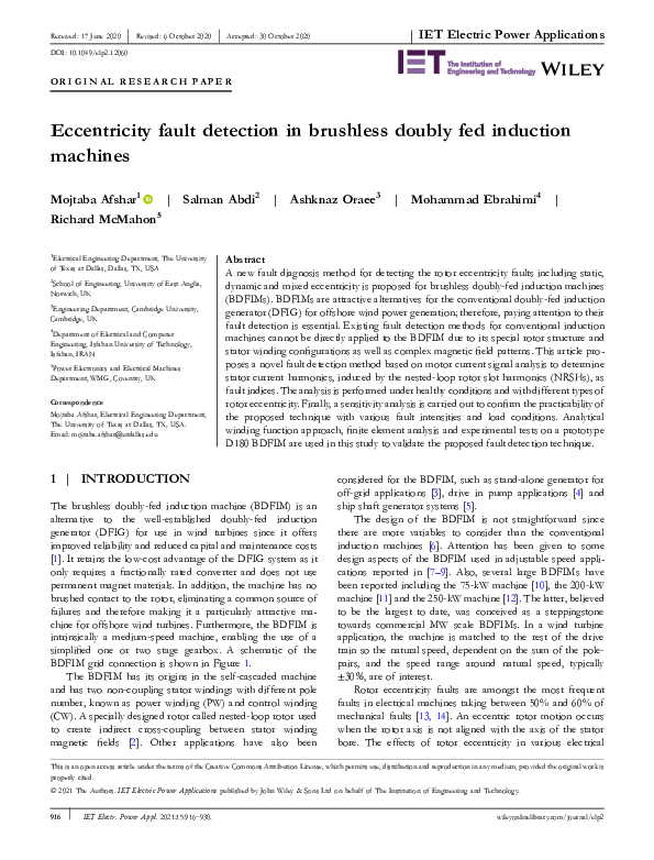 (PDF) Eccentricity fault detection in brushless doubly fed induction machines