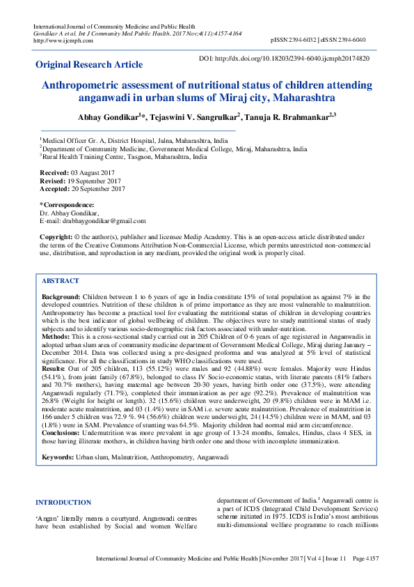(PDF) Anthropometric assessment of nutritional status of children attending anganwadi in urban ...