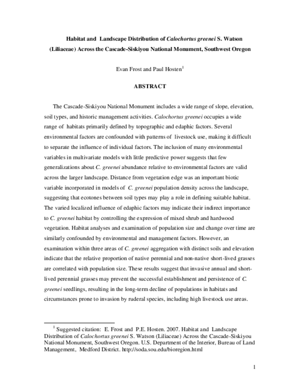 (PDF) Habitat and Landscape Distribution of Calochortus greenei S ...