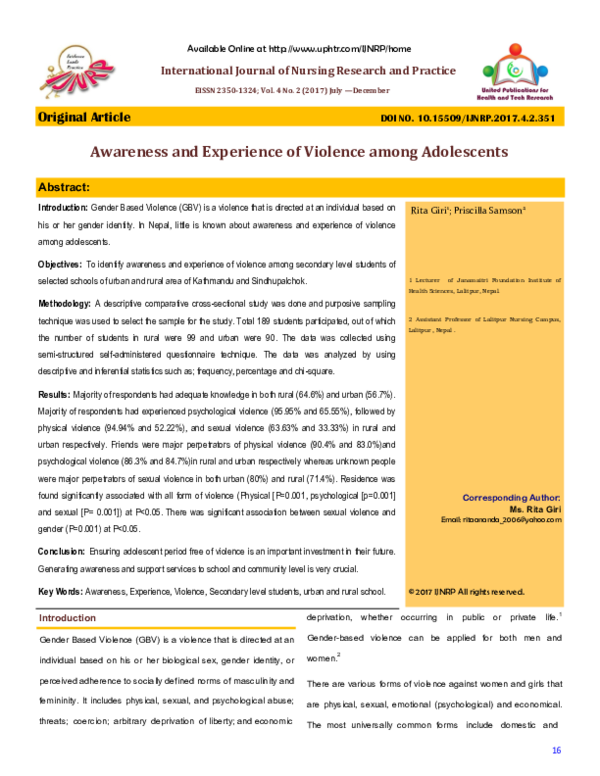 (PDF) Awareness and Experience of Violence among Adolescents
