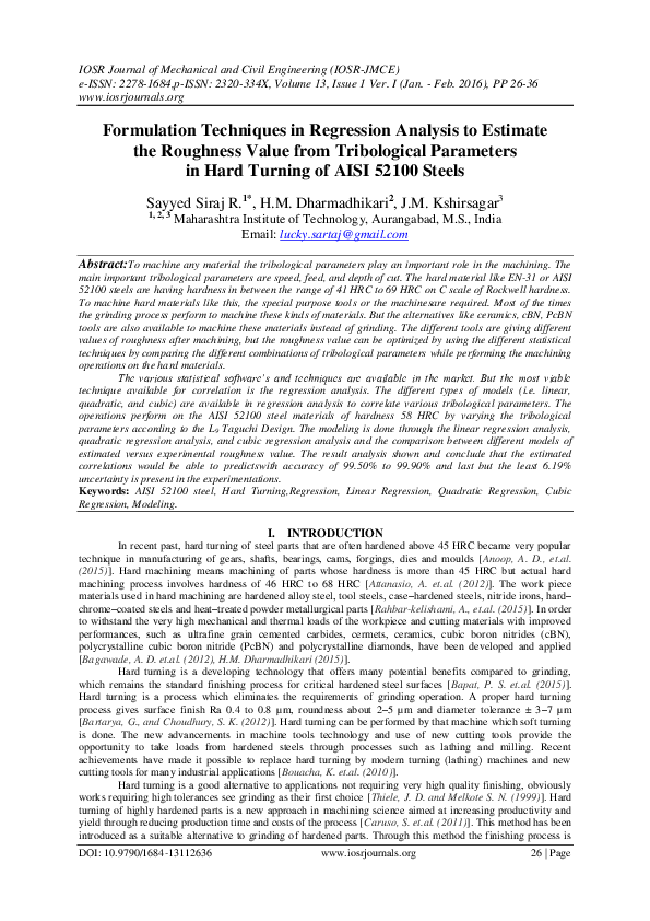 (PDF) Modeling of Roughness Value from Tribological Parameters in Hard Turning of AISI 52100 Steel