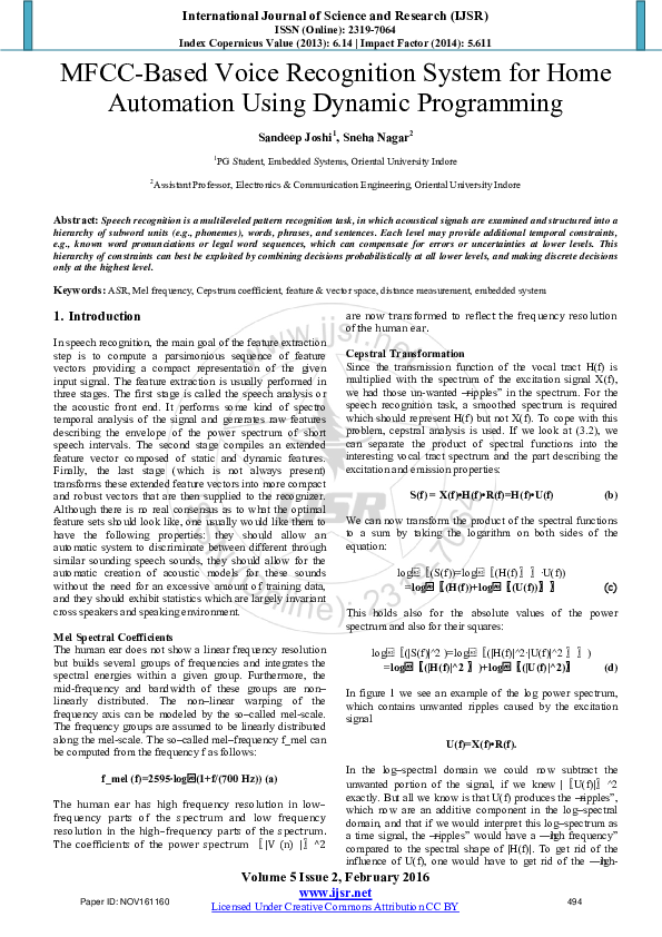 (PDF) MFCC-Based Voice Recognition System for Home Automation Using Dynamic Programming