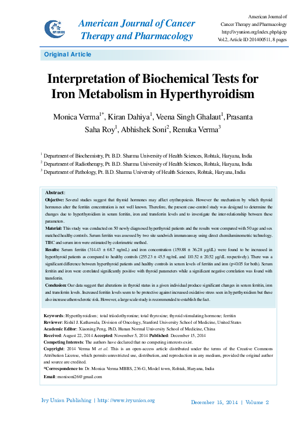 (PDF) Interpretation of Biochemical Tests for Iron Metabolism in ...