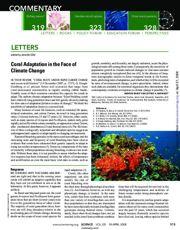 (PDF) Coral adaptation in the face of climate change: Response