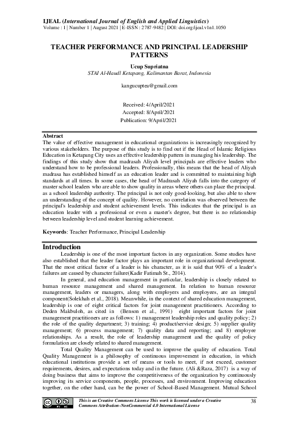 (PDF) Teacher Performance and Principal Leadership Patterns