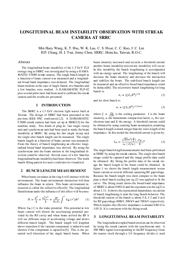 (PDF) Longitudinal Beam Instability Observation with Streak Camera at SRRC