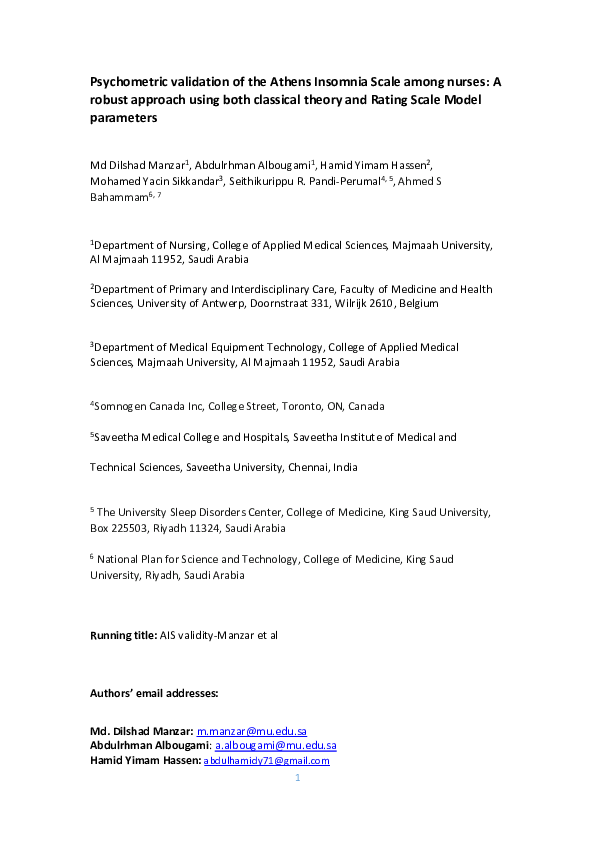 (PDF) Psychometric validation of the Athens Insomnia Scale among nurses ...