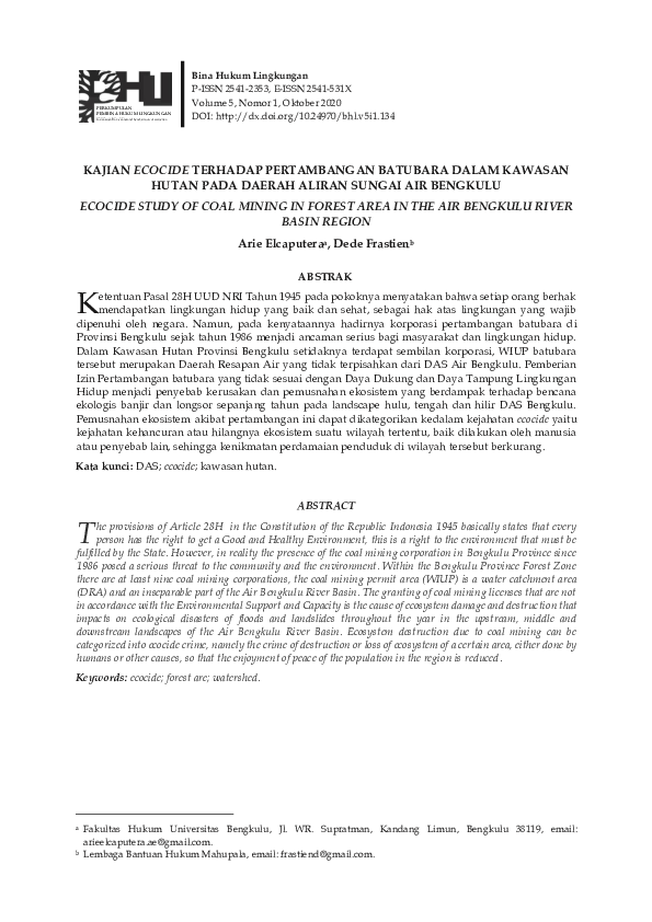 (PDF) Kajian Ecocide Terhadap Pertambangan Batubara Dalam Kawasan Hutan ...