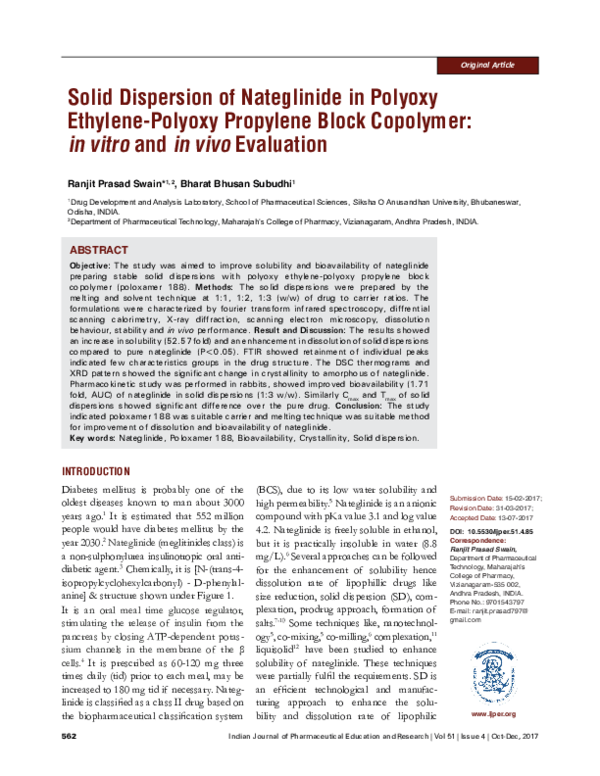 (PDF) Solid Dispersion of Nateglinide in Polyoxy Ethylene-Polyoxy ...