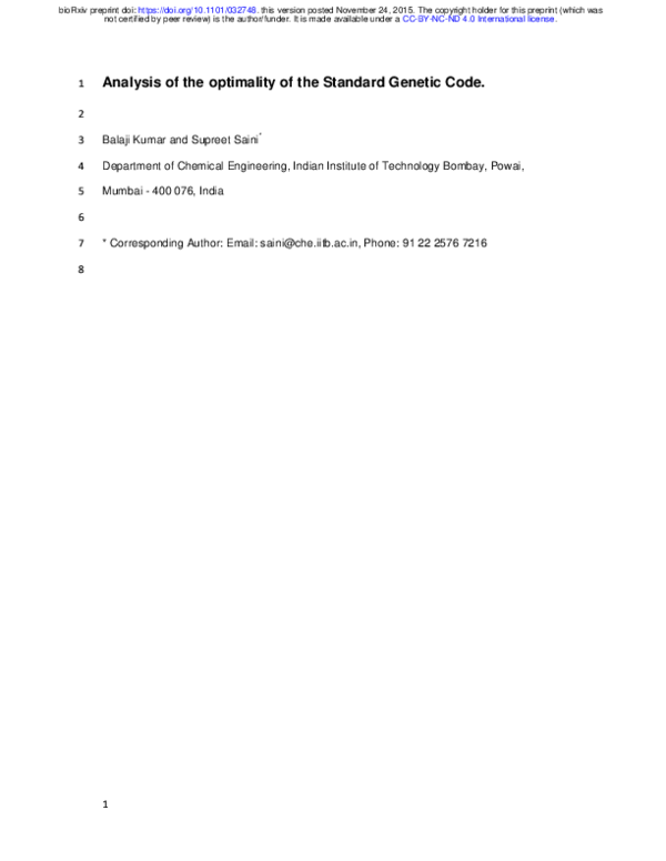 (PDF) Analysis of the optimality of the Standard Genetic Code