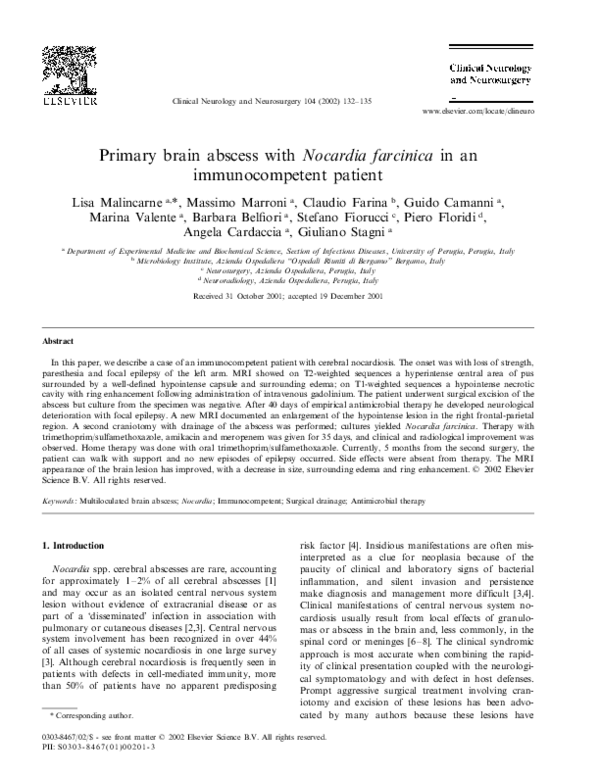 (PDF) Primary brain abscess with Nocardia farcinica in an ...