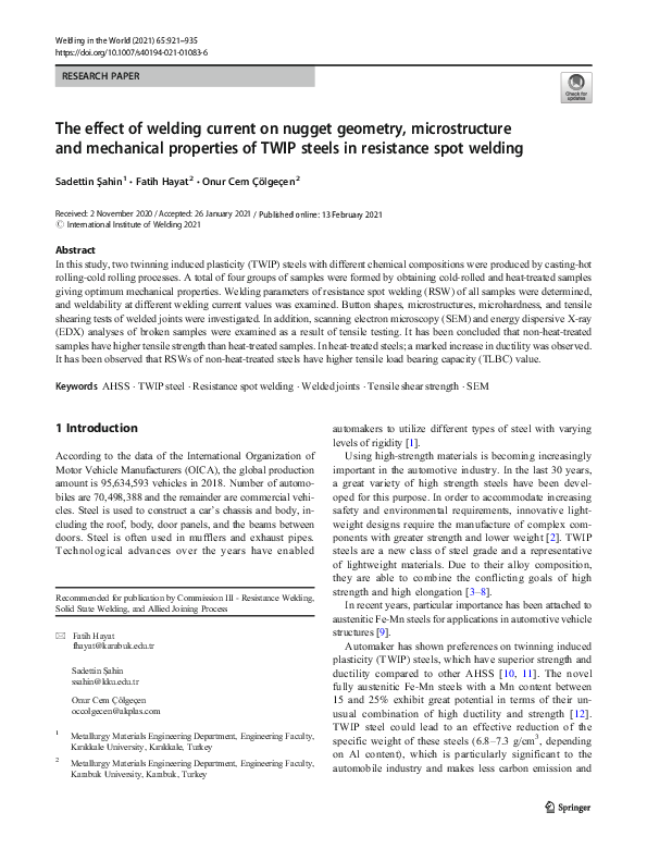 (PDF) The effect of welding current on nugget geometry, microstructure and mechanical properties ...