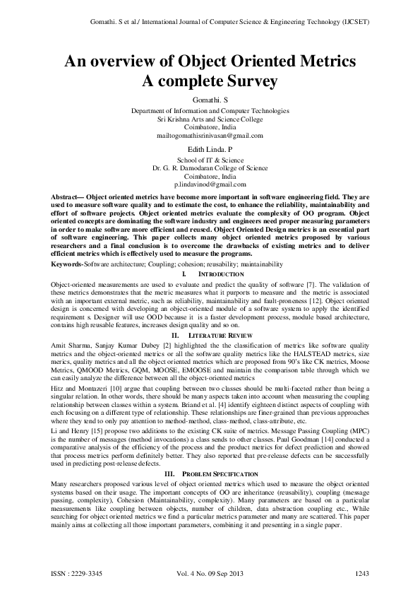 Pdf An Overview Of Object Oriented Metrics A Complete Survey P Edith Linda Grdcs Cs