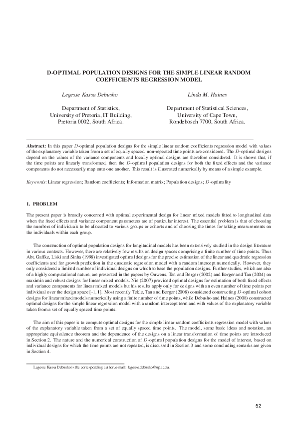 (PDF) D-optimal population designs for the simple linear random coefficients regression model