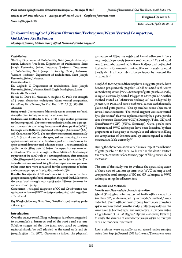 (PDF) Push-out Strength of 3 Warm Obturation Techniques: Warm Vertical ...