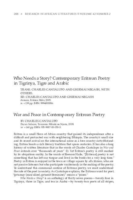 (PDF) Who needs a story? : contemporary Eritrean poetry in Tigrinya ...