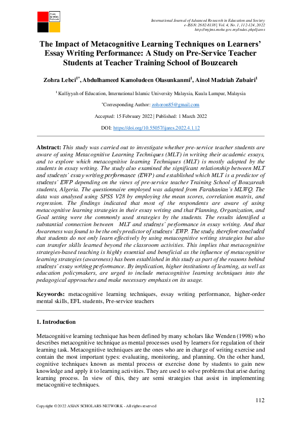 (PDF) The Impact of Metacognitive Learning Techniques on Learners' Essay Writing Performance: A ...