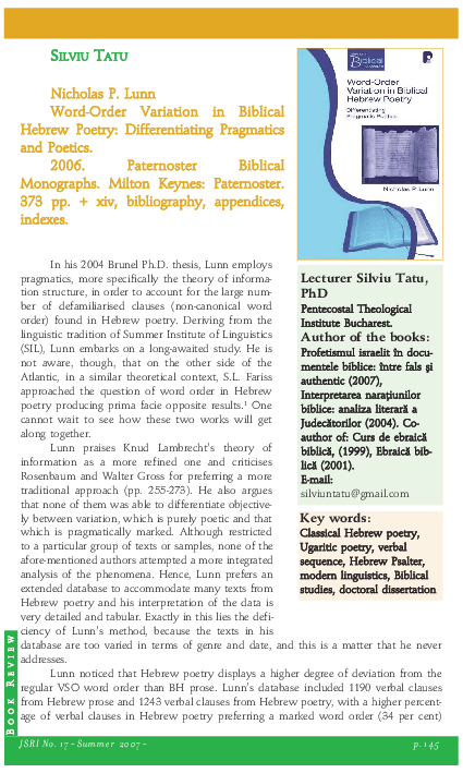 (PDF) Nicholas P. Lunn, Word-Order Variation in Biblical Hebrew Poetry ...