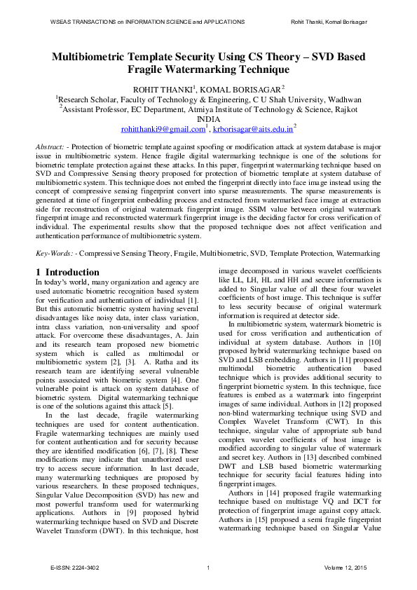 (PDF) Multibiometric Template Security Using CS Theory – SVD Based Fragile Watermarking Technique
