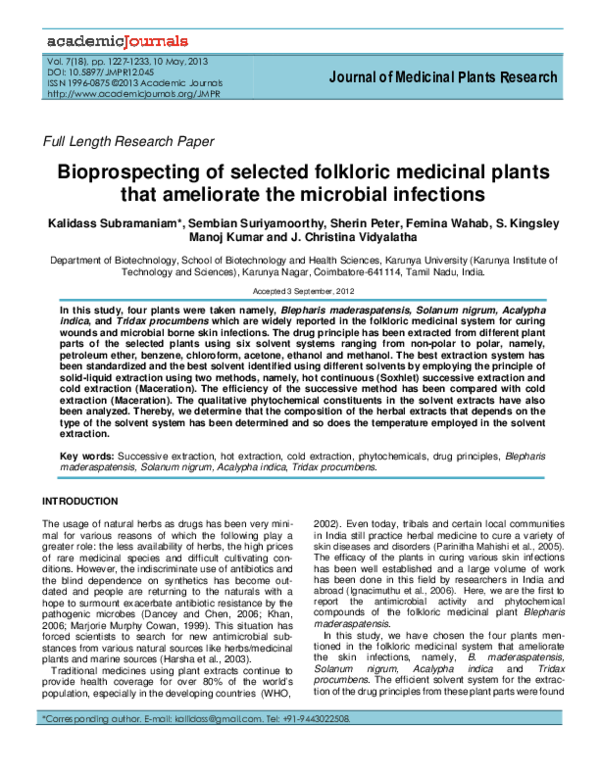 (PDF) Bioprospecting of selected folkloric medicinal plants that ...