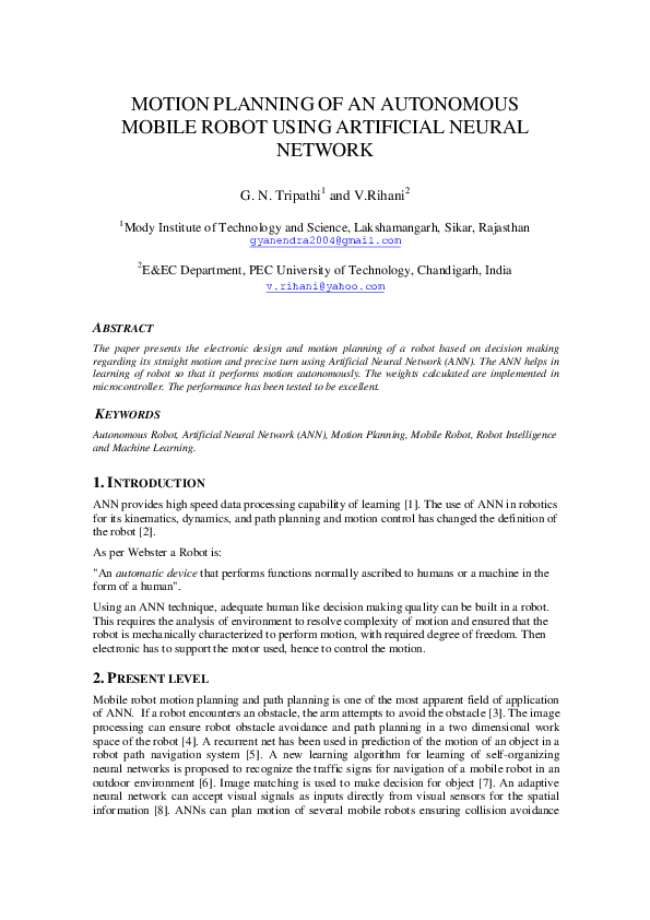 Pdf Motion Planning Of An Autonomous Mobile Robot Using Artificial Neural Network