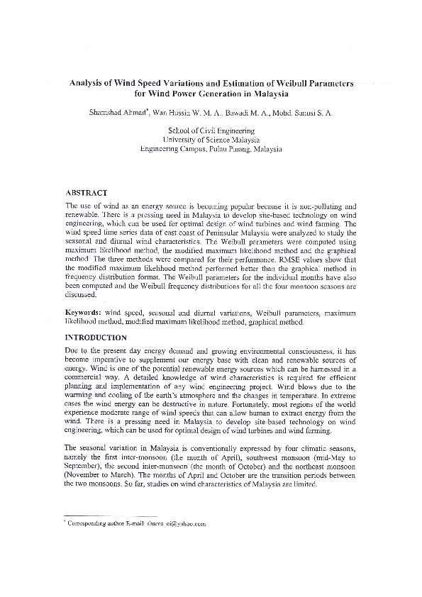 (PDF) Analysis of Wind Speed Variations and Estimation of Weibull ...