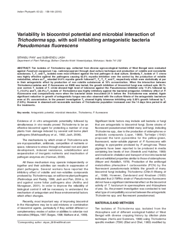 (PDF) Variability in biocontrol potential and microbial interaction of Trichoderma spp. with ...