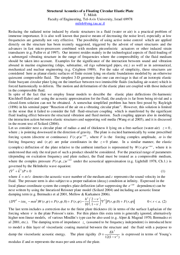 (PDF) Structural Acoustics of a Floating Circular Elastic Plate