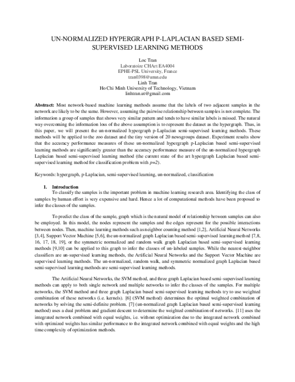 Pdf Un Normalized Hypergraph P Laplacian Based Semi Supervised Learning Methods
