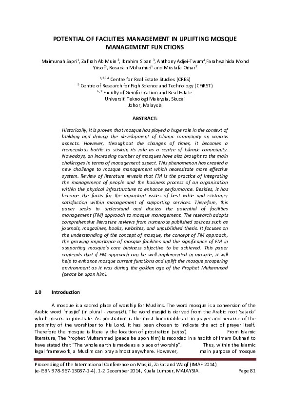 (PDF) Potential of Facilities Management in Uplifting Mosque Management ...
