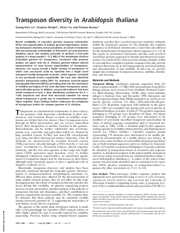 (PDF) Transposon Diversity In Arabidopsis Thaliana