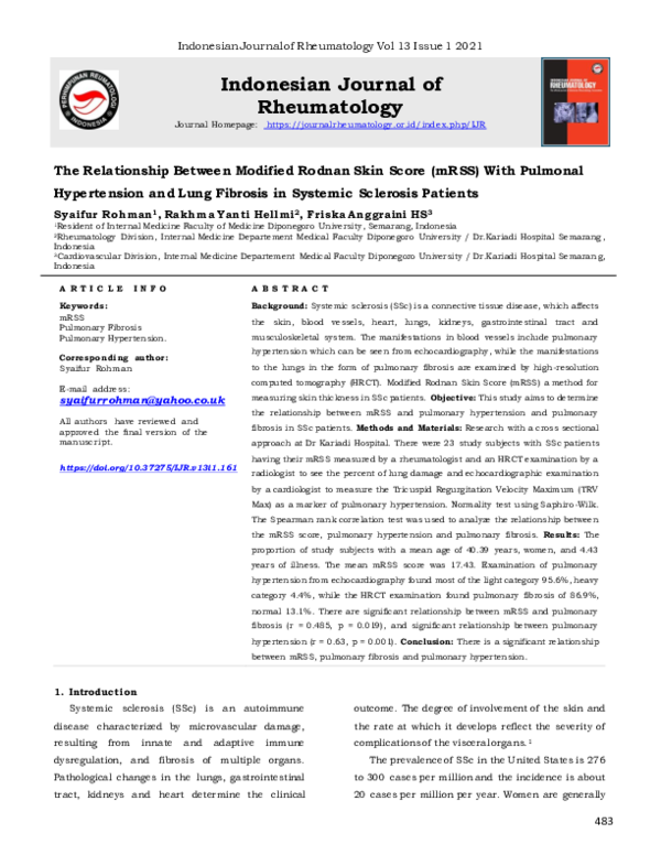 (PDF) The Relationship Between Modified Rodnan Skin Score (mRSS) With ...