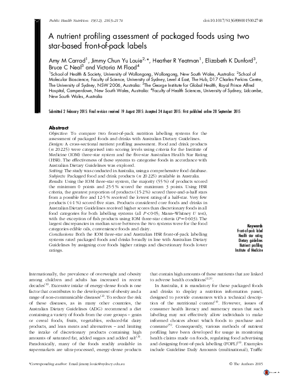 (PDF) A nutrient profiling assessment of packaged foods using two star-based front-of-pack labels