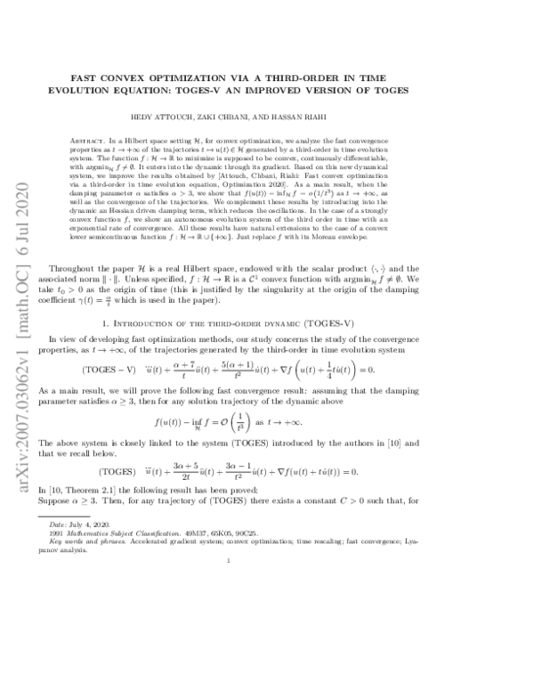 Pdf Fast Convex Optimization Via A Third Order In Time Evolution