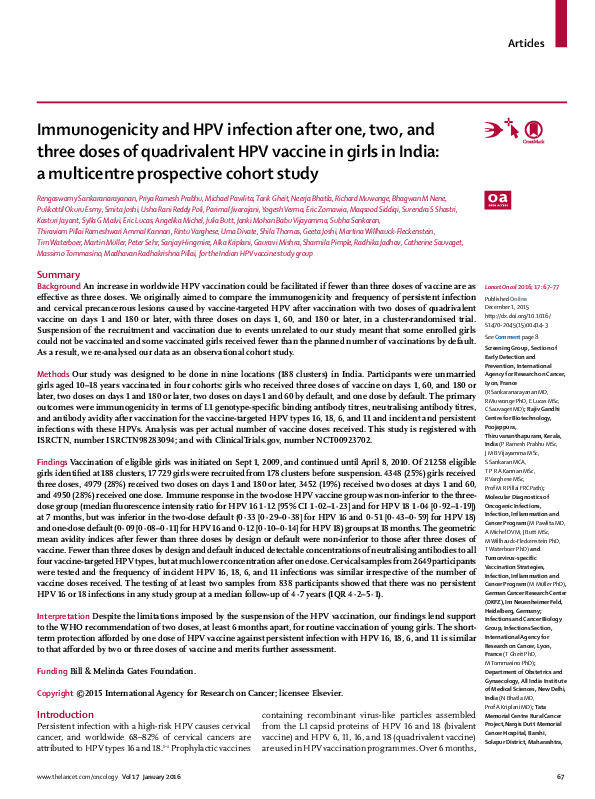 Pdf Immunogenicity And Hpv Infection After One Two And Three Doses 9835