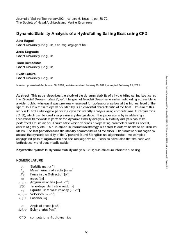 (PDF) Dynamic Stability Analysis of a Hydrofoiling Sailing Boat using CFD