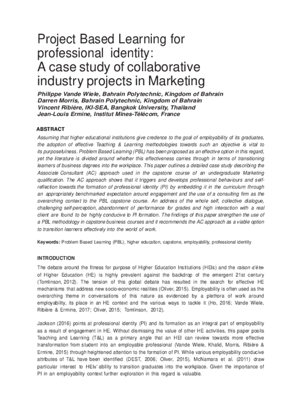(PDF) Project Based Learning for professional identity: A case study of ...