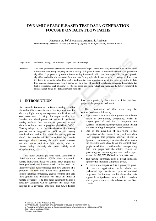 Pdf Dynamic Search Based Test Data Generation Focused On Data Flow Paths Andreas Andreou