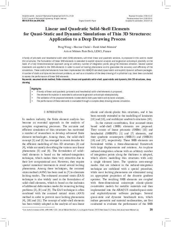 Pdf Linear And Quadratic Solid Shell Elements For Quasi Static And Dynamic Simulations Of Thin