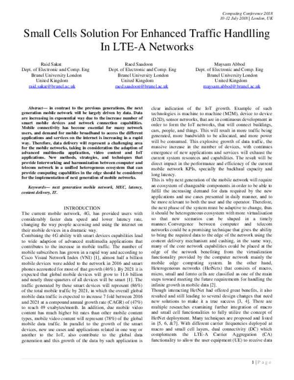 (PDF) Small Cells Solution for Enhanced Traffic Handling in LTE-A Networks
