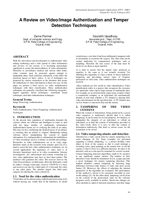 (PDF) A Review on Video/Image Authentication and Temper Detection Techniques